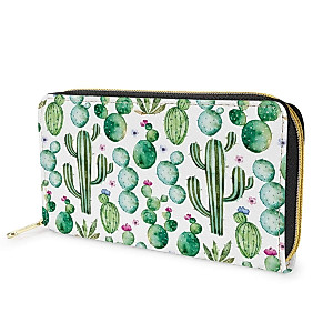 Freewander Green Cactus Flower Wallet Handbag Clutch Bag Women Purse Money Manager Plenty of Room Gift for Wife