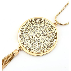 MOLOCH Long Necklaces for Woman Disk Circle Pendant Necklaces Tassel Fringe Necklace Set Statement Pendant (Gold)