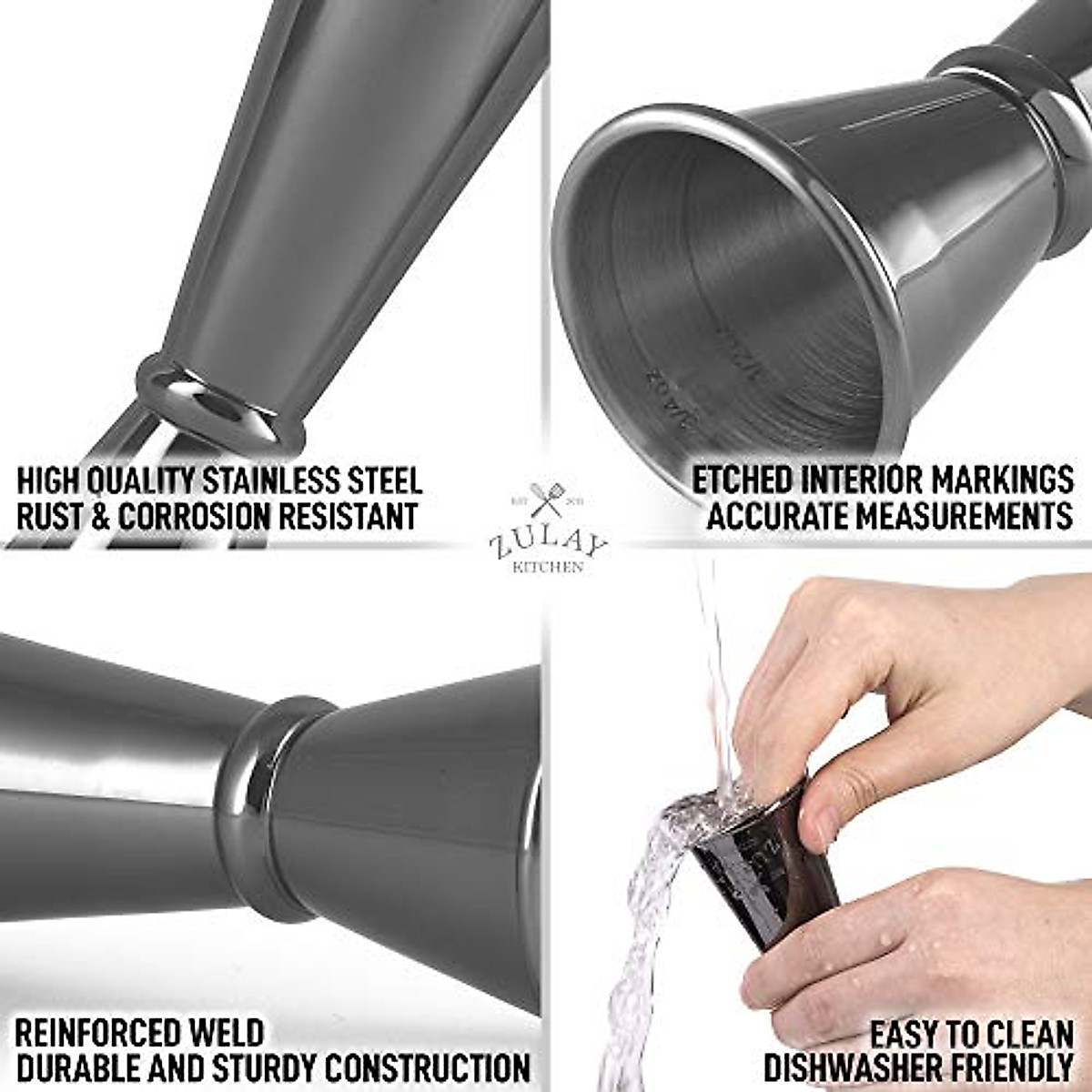 Zulay Kitchen Shot Measure Jigger For Bartending - Cocktail Jigger 18/8 Food-Grade Stainless Steel - Jigger 2 oz 1 oz Etched Markings - Cocktail Measuring Cup Japanese Jigger - Double Jigger (Black)