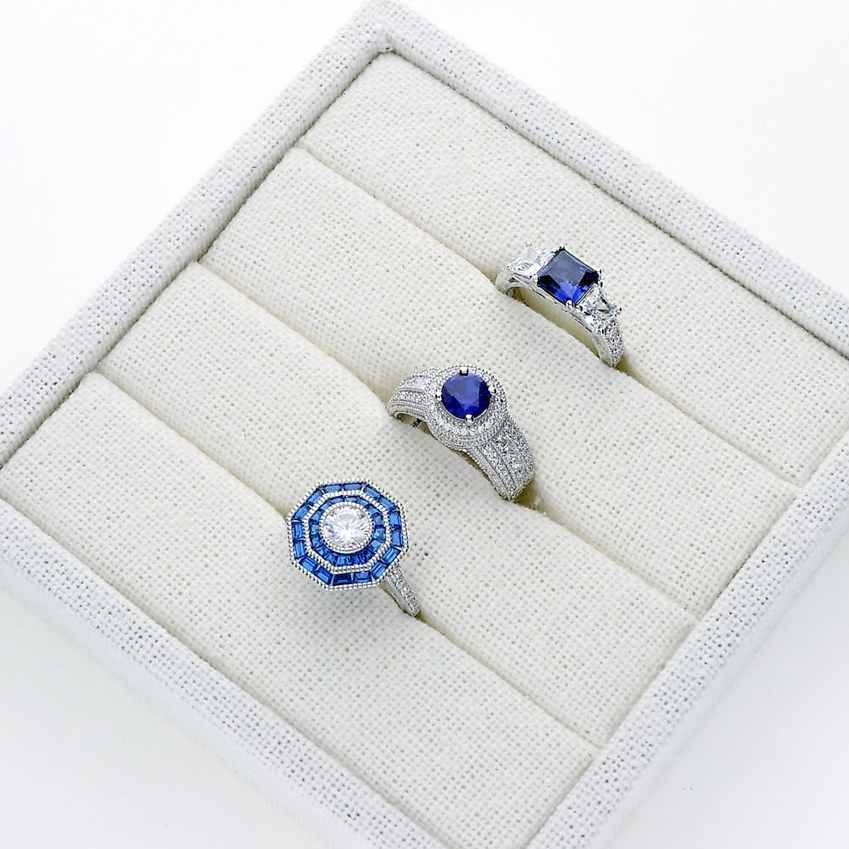 BERRICLE Sterling Silver 3-Stone Wedding Engagement Rings Simulated Blue Sapphire Princess Cut Cubic Zirconia CZ Anniversary Promise Ring for Women, Rhodium Plated Size 7