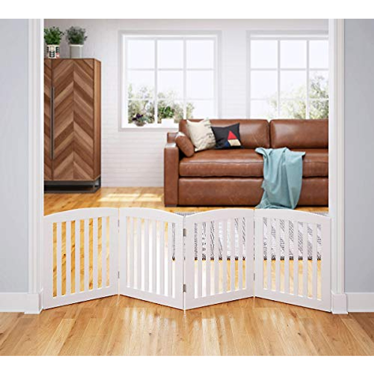 PAWLAND Wooden Freestanding Foldable Pet Gate for Dogs, 24 inch 4 Panels Step Over Fence, Dog Gate for The House, Doorway, Stairs, Extra Wide (White, 24" Height-4 Panels)