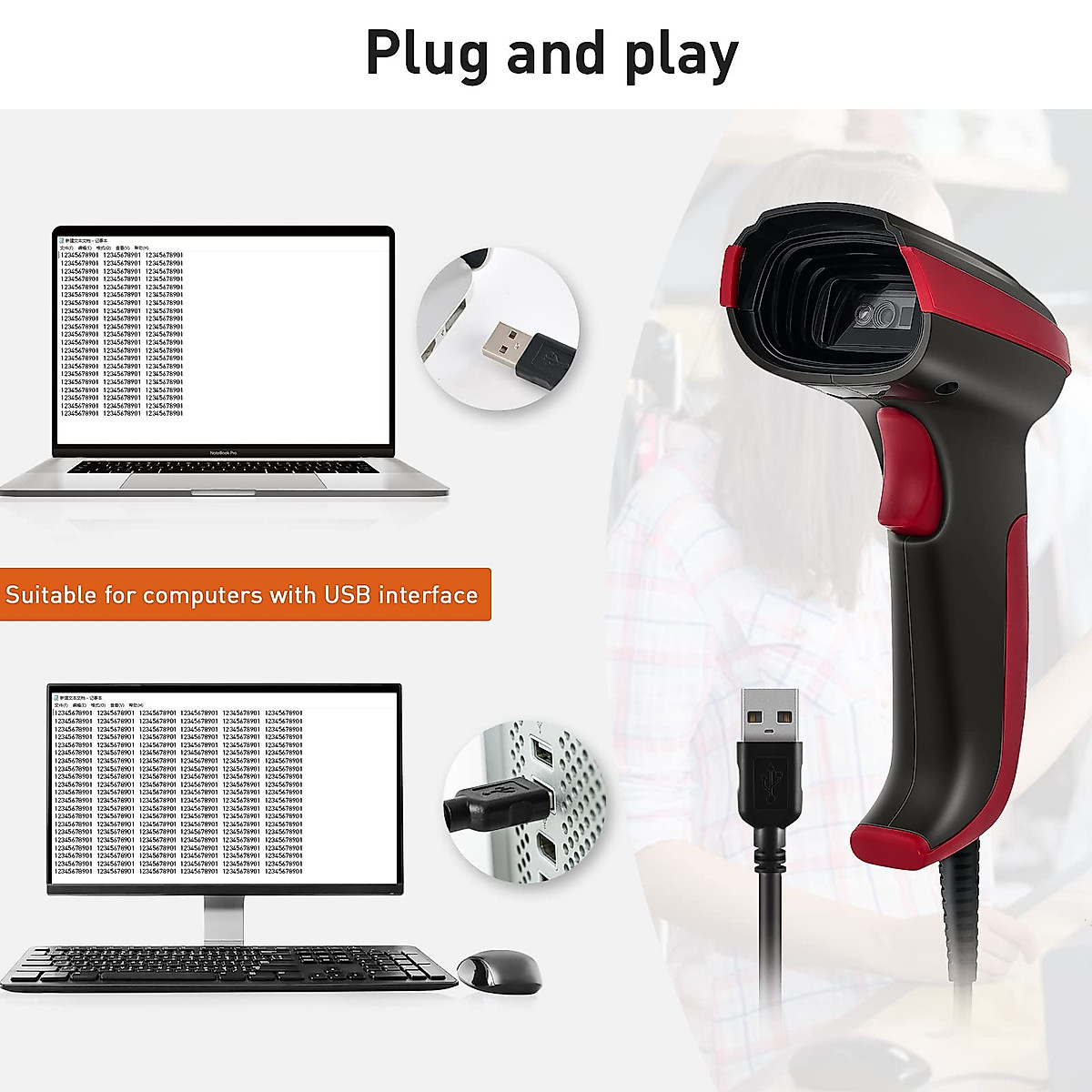Barcode Scanner Wired,JRHC 2D Bar Code Reader Automatic QR 1D Bar Code Scanner Support Windows Mac and Linux with USB Cable for Pos Mobile Payment, Convenience Supermarket, Store, Warehouse, Library