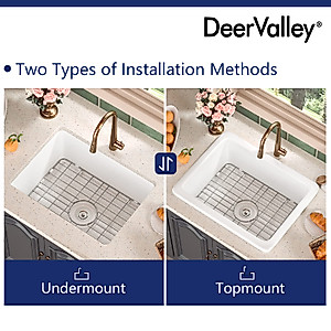 Single Bowl Drop in Kitchen Sink DeerValley DV-1K515 Glen 24" L x 18" W Fireclay Undermount Kitchen Sink White Deep Bowl Sink with Sink Grid and Basket Strainer