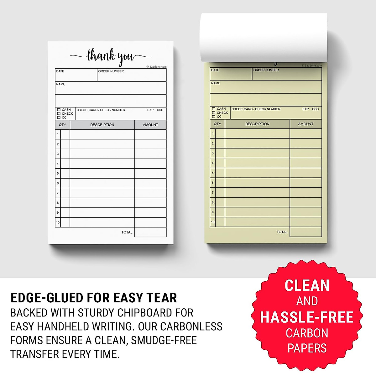 321Done Thank You Receipt Book, 3.4x5.5 Handheld 2-Part Carbonless, Made in USA, Carbon Duplicate Copy Sales Order Form, Invoice Pad, Cute Convenient for Small Boutique Business (50 Sets) White/Yellow