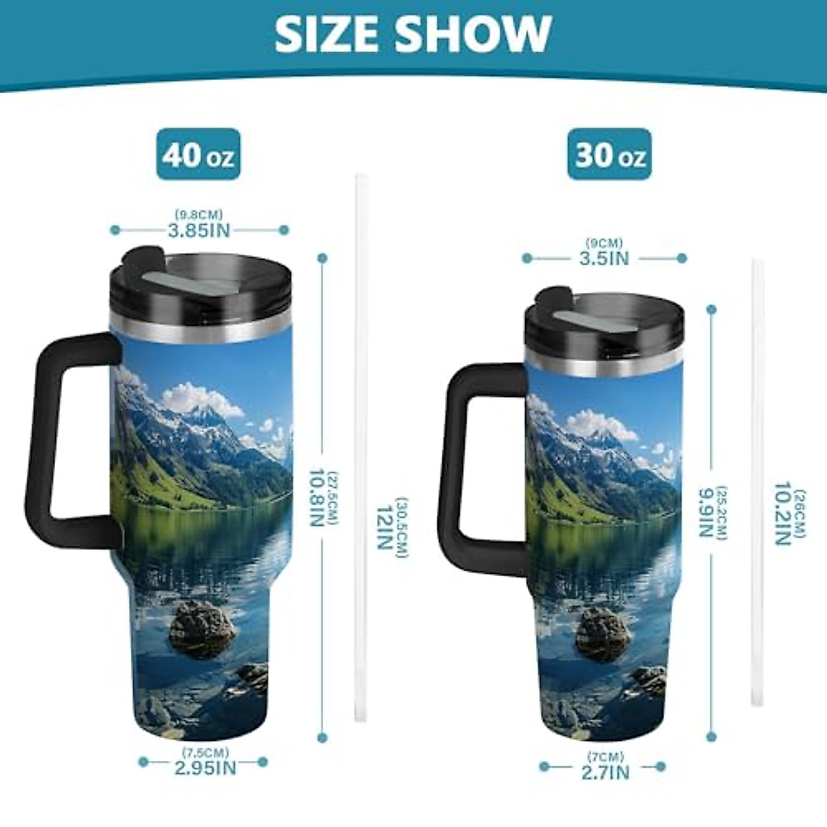 FRCSDIY Snowy Mountains and Lakes Insulated Tumbler with Handle and Straw Lid,30oz Leakproof Stainless Steel Cup BPA-Free Water Bottle