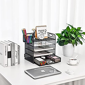 Lavatino 5 Tray Desk Organizer with Drawer, Mesh Paper Letter Tray Organizer with Handle and 2 Pen Holder, Desktop File Organizer and Storage for Letter/A4 Office File Folder