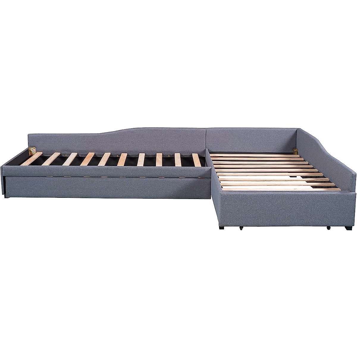 CITYLIGHT Upholstered L-Shaped 2 Twin Beds with Trundle and Storage Drawer, Wood Linen Corner Bed for Kids Girls Boys Teens Bedroom, Grey
