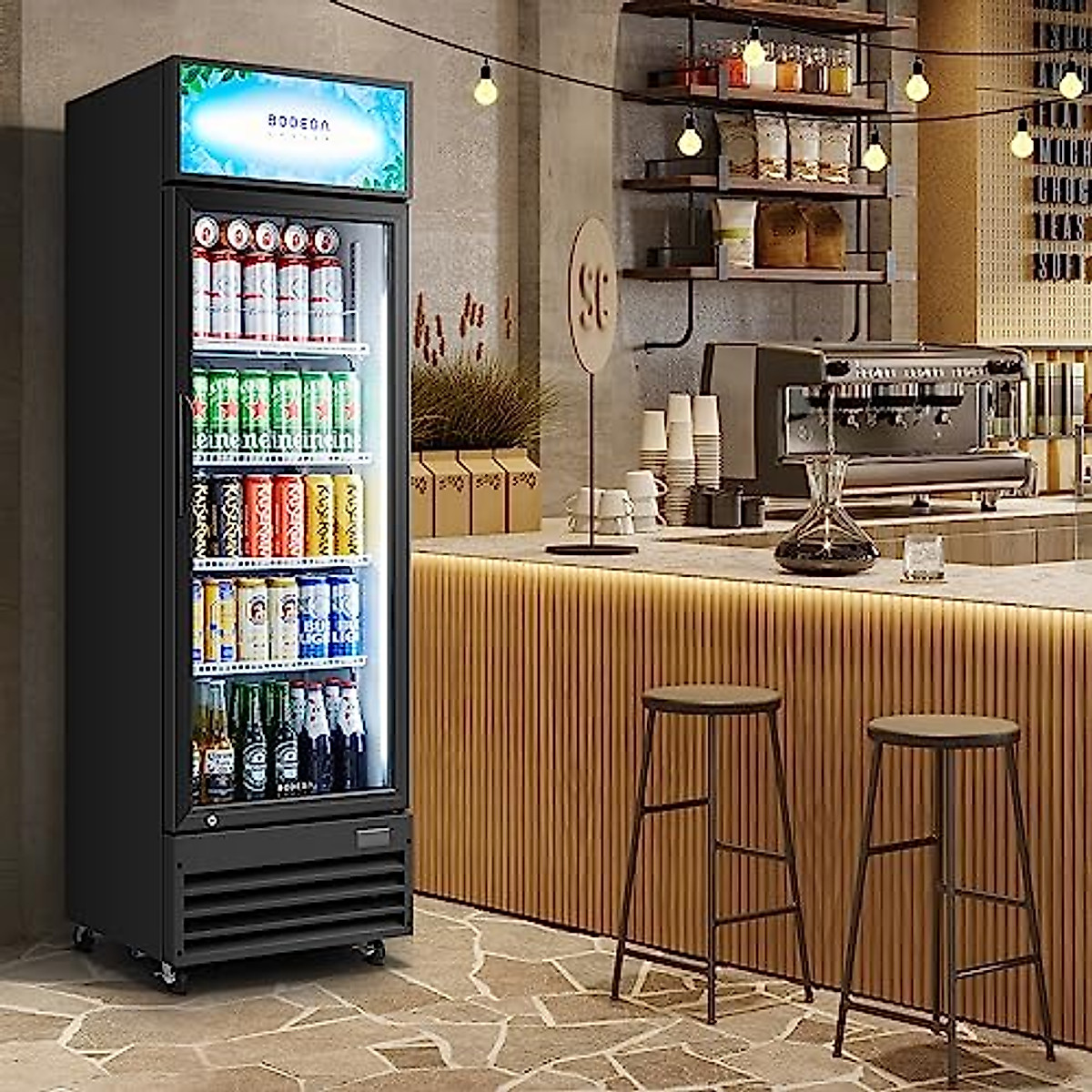 BODEGACOOLER Commercial Merchandiser Refrigerator, Glass Door Display Refrigerator,Upright Beverage Display Cooler with Soft LED Light, Adjustable Shelves and Drink Organizers, 9 Cu. Ft,Black