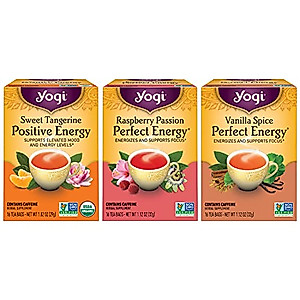 Yogi Tea - Energy Tea Variety Pack Sampler (3 Pack) - Sweet Tangerine Positive Energy, Raspberry Passion Perfect Energy, and Vanilla Spice Perfect Energy - Contains Caffeine - 48 Tea Bags