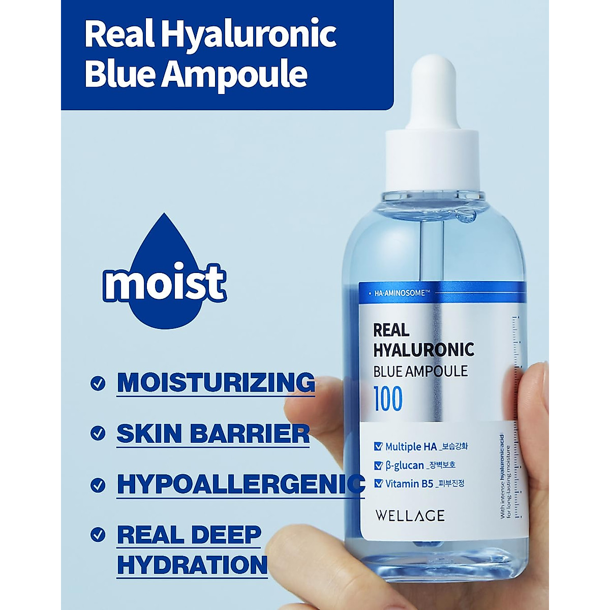 WELLAGE Real Hyaluronic Blue Ampoule 100, Fragrance Free Hyaluronic Acid Ampoule, Hydrating Non Sticky Serum for Sensitive Dry Skin, 2.54 fl.oz