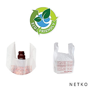 Netko Thank You Shopping Bags - Plastic Grocery Reusable White Bags | T-shirt Bags | Heavy Duty Gift Carrier Market Bags in Bulk 50 Pack