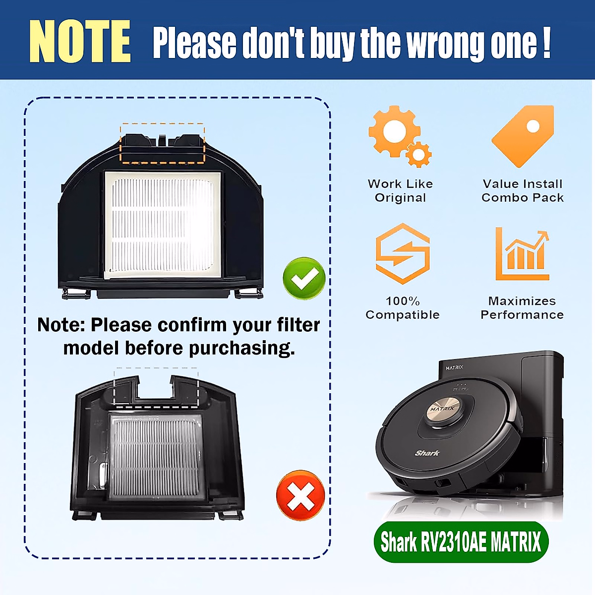 GuoYiAMA Replacement Parts Accessories Compatible with Shark AV2310AE/RV2310AE/RV2300S Matrix Robot Vacuum Cleaner, 2 Main Brush, 2 Sets HEPA & Filters, 6 Side Brushes,1 Main Brush Cover