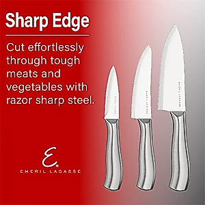 Emeril Lagasse 3-Piece Stainless Steel Kitchen Knife Set (Hollow Handles) - 8” Chef, 5.5” Prep, & 3.5” Paring Knives - Slice Fruits & Meats Effortlessly