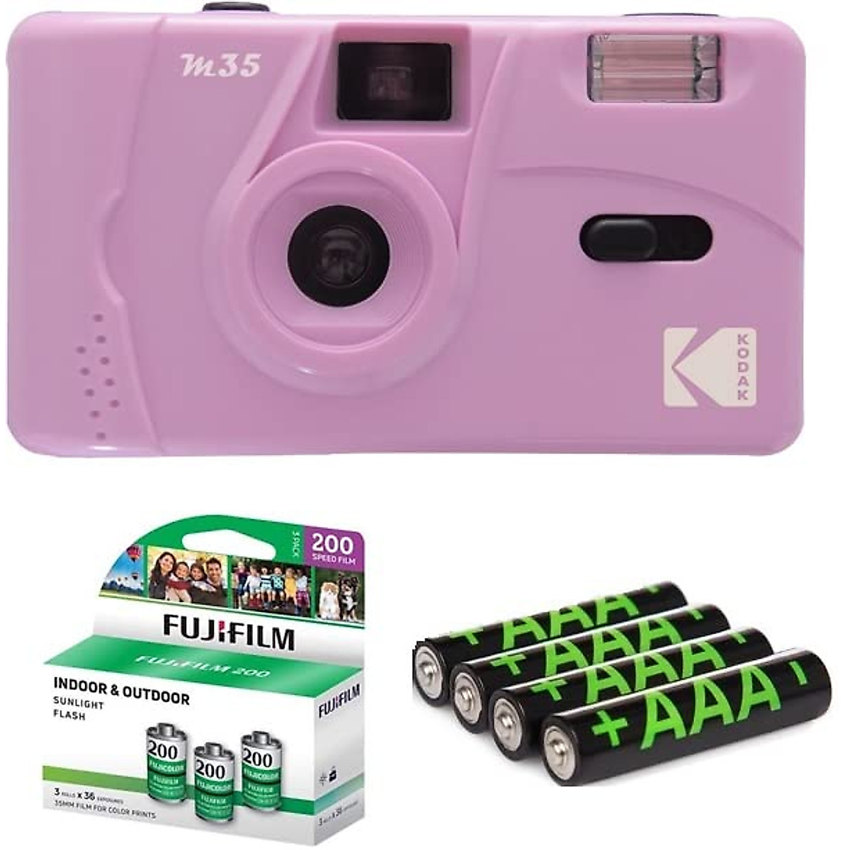 Kodak M35 35mm Film Camera, Film and Battery Bundle: Includes 3 Packs of Fujifilm Color Negative Films (36 Exposures Each), 4 Pack AAA Alkaline Batteries (Purple)