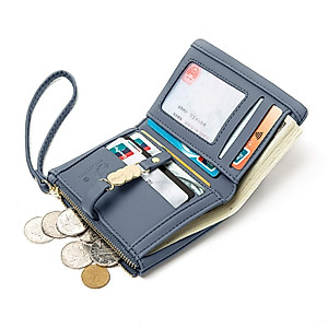 AOXONEL Womens Wallets Small Rfid Bifold Wristlet,Ladies Wallets for Card Coin,Change Purse with Wrist Strap (Blue)