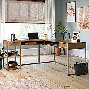 Sauder International Lux Engineered Wood L-Shaped Desk in Sindoori Mango