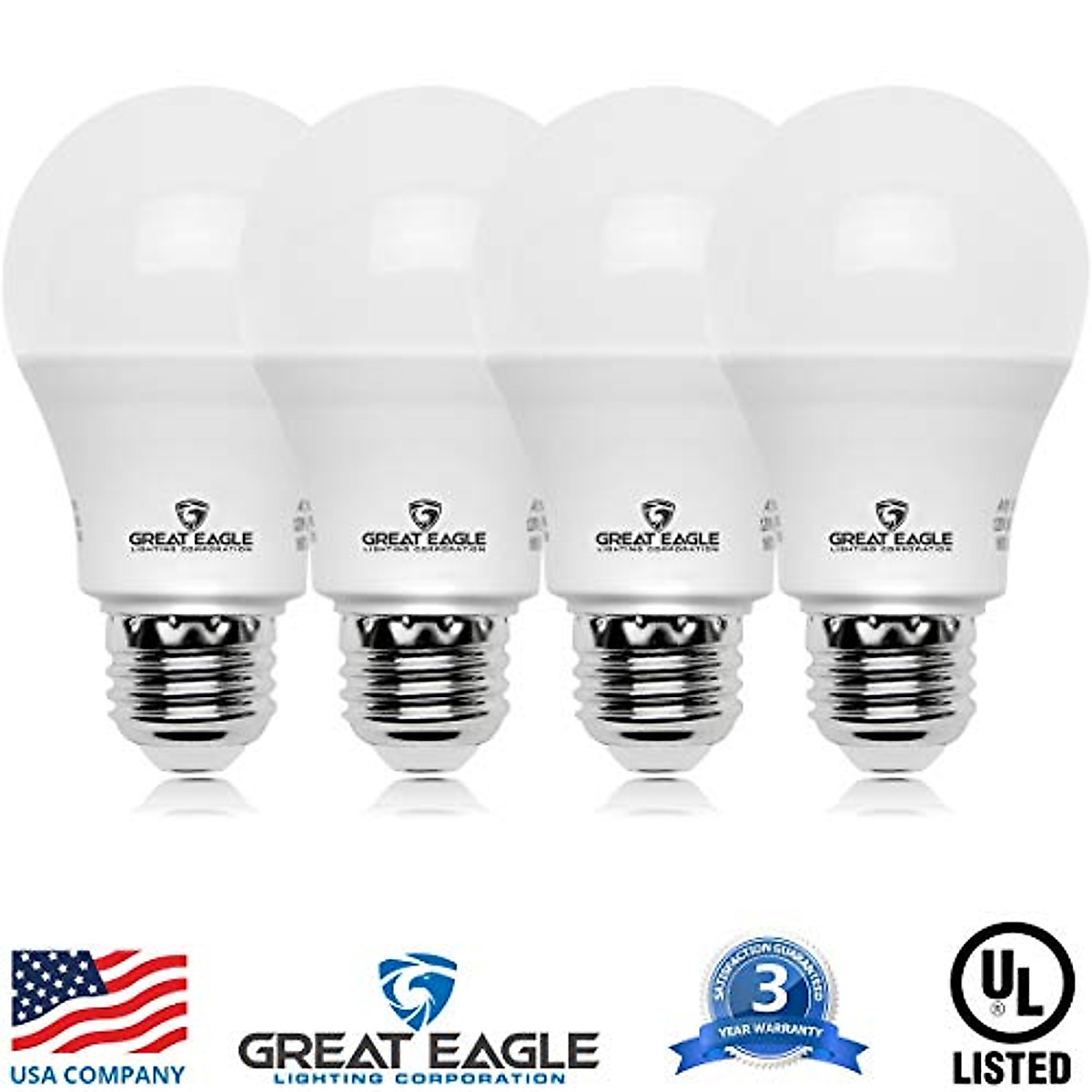 Great Eagle A19 LED Light Bulb, 9W (60W Equivalent), UL Listed, 3000K Soft White, 750 Lumens, dimmable, Standard Replacement (4 Pack)