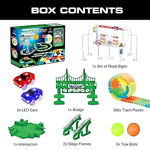 USA Toyz Glow Race Tracks and LED Toy Cars - 360pk Glow in The Dark Bendable Rainbow Race Track Set STEM Building Toys for Boys and Girls with 2 Light Up Toy Cars