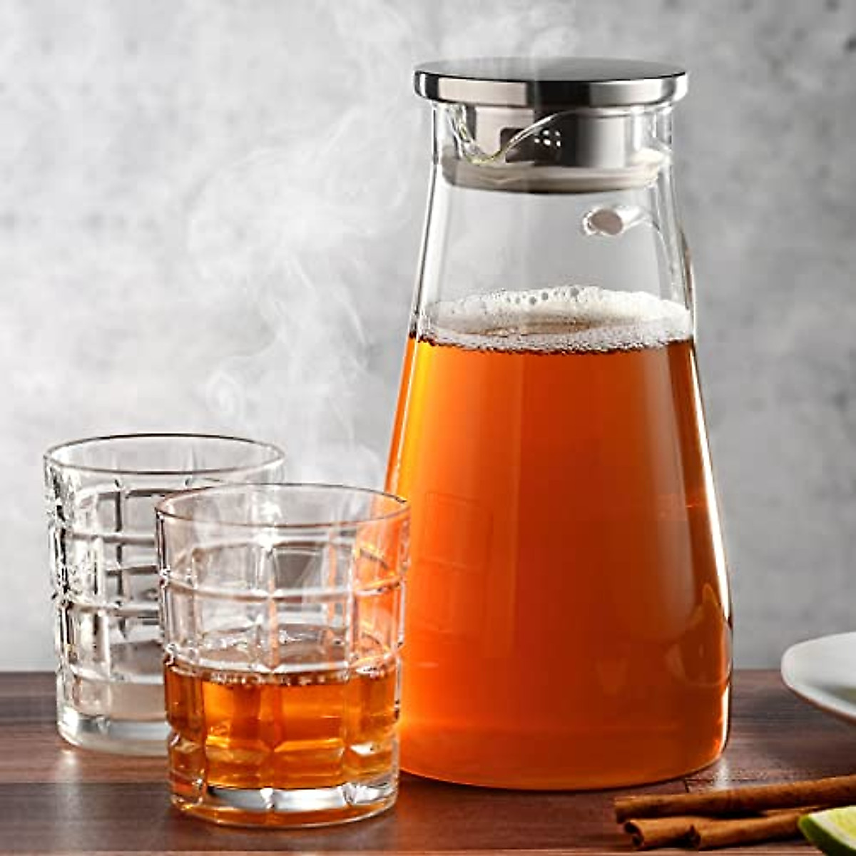 Glass Pitcher with Stainless Steel Lid - 1.8L / 60 oz Glass Jug - Hot & Cold Beverages - Lemonade, Juice, Iced Tea, Milk, Coffee - Heat Resistant Glass - Handle & Spout Carafe - Premium Gift Box