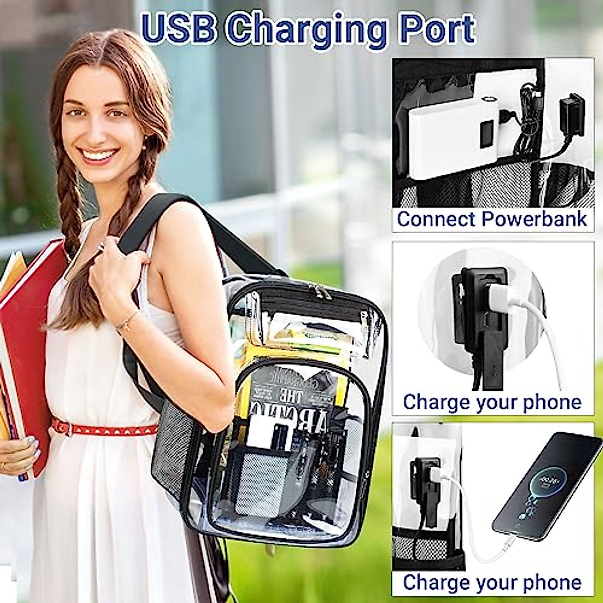 Clear Backpack, XXL Large Heavy Duty PVC Transparenet Backpacks with USB Charging Port,School Clear Bookbag Stadium Approved See Through Clear Backpacks for Women Men Kids Travel Work Security College