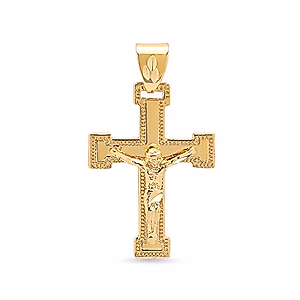 The Bling Factory Large 32mm x 46mm 14k Gold Plated Milgrain Bordered Crucifix Pendant