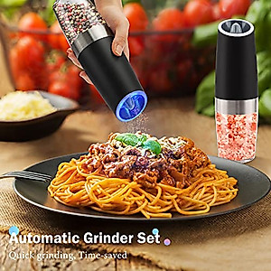 2Pcs Gravity Electric Salt and Pepper Grinder Set, Battery Powered LED Light One Hand Automatic Operation, Adjustable Coarseness Mill Grinders Shakers Black, Kitchen Gadgets Gift Ideas