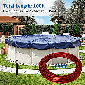 Belleone Swimming Pool Cover Cable and Winch Kit - 100ft Plastic-Coated Steel Pool Cover Wire & Aluminum Spring Loaded Pool Cover Ratchet for Above Ground Swimming Pool Winter Safe
