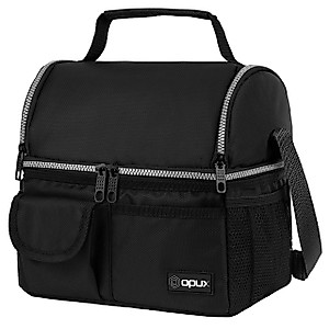opux Insulated Dual Compartment Lunch Bag for Men, Women | Double Deck Reusable Lunch Pail Cooler Bag, Soft Leakproof Liner | Large Lunch Box Tote for Work, School (Black)
