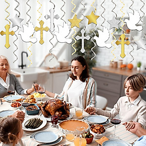 60 Pcs First Communion Hanging Swirls God Bless Baptism Decorations Gold and White Peace Pigeon Cross Swirls for Spring Wedding Bridal Baby Shower Birthday Religious Christian Tea Party Decorations