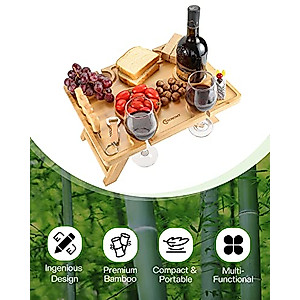 tgosomt Wine Picnic Table Foldable, Portable Bamboo Picnic Table, Picnic Tray for Outdoor, Park, Camping, Beach