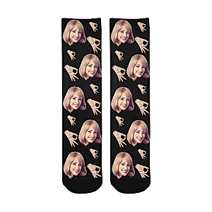 Custom Print Your Photo Pet Face Socks, Personalized Circle Game Finger Black Crew Socks for Men Women
