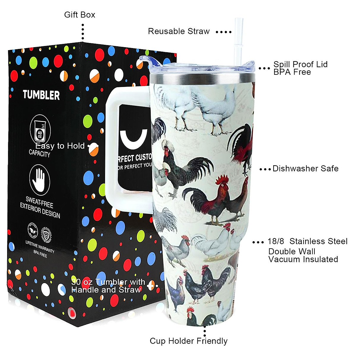 PERRIFIC 30 oz Tumbler with Handle and Straw Lid Leak Proof, Chicken and Rooster Design Coffee Travel Mug with Handle Insulated for Hot and Cold Drink Ice, Mother's Day Birthday Gifts for Women Mom