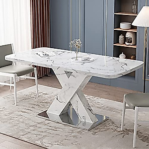 Pvillez Extendable Dining Table, Dining Table for 4-6 People, Modern Dining Table with White Marble Top and Crossed Legs Pedestal Base, Rectangular Kitchen Table for Dining Room Kitchen Living Room