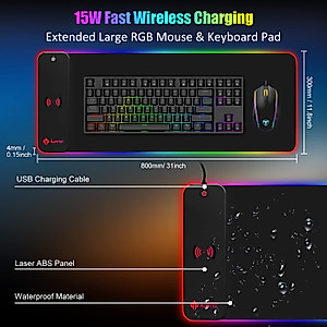 AURTEC RGB Gaming Mouse Pad with 15W Fast Wireless Charging, Extra Large Waterproof and Non-Slip Rubber Base Mouse and Keyboard Mat with 10 Lighting Modes, for Gaming, Working, PC, Mac.