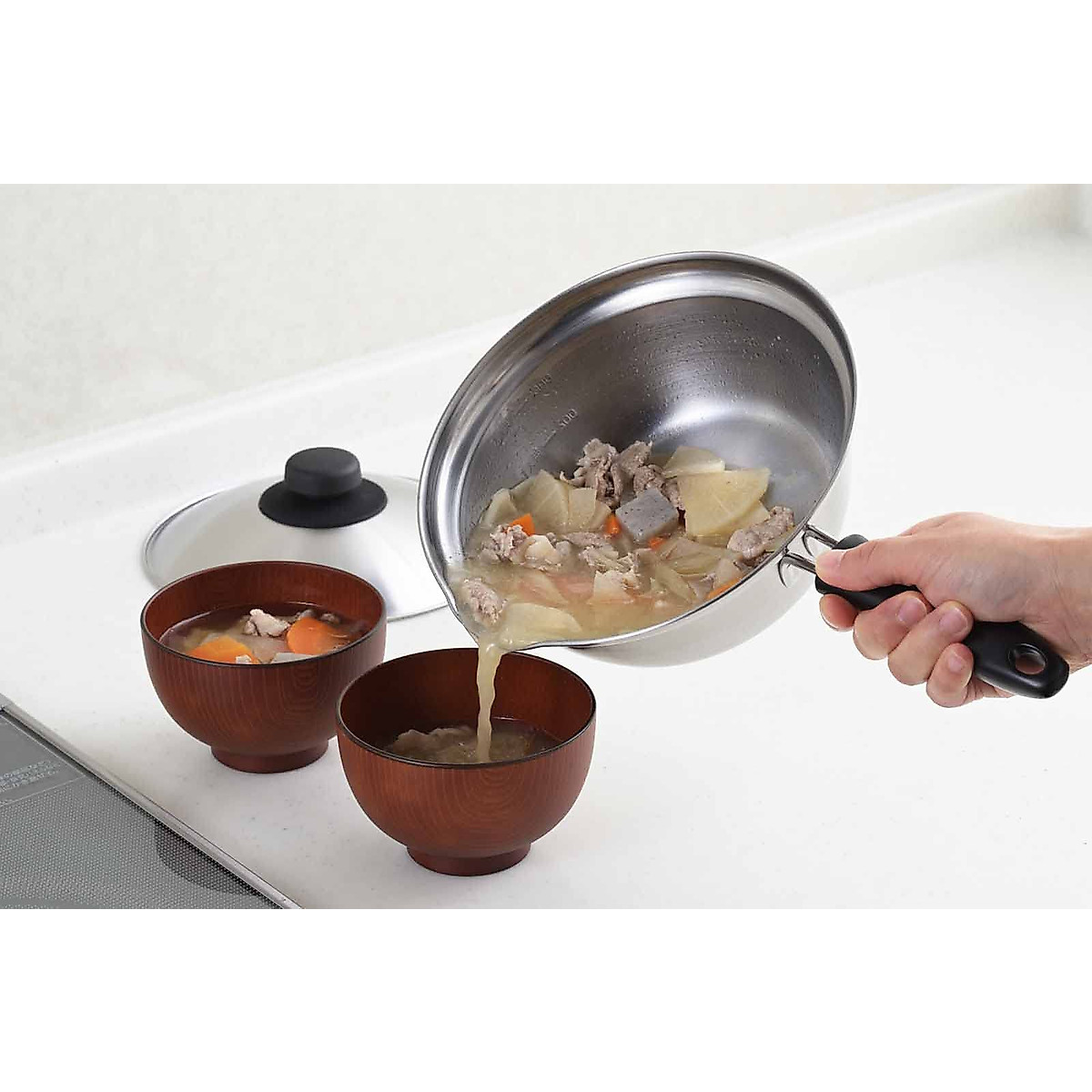 Yoshikawa 1216029 Single-Handed Pot, Gas Flame and Induction Compatible, 7.1 inches (18 cm), Donburi Ramen, Stainless Steel, Made in Japan, Pot, Deep Spout Included, For One Person