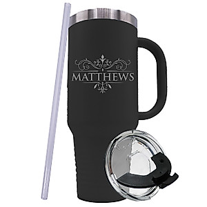 The Wedding Party Store Custom Monogrammed 40 oz Tumbler with Handle, Lid and Straw - Personalized Insulated Stainless Steel Large Cup (Black)