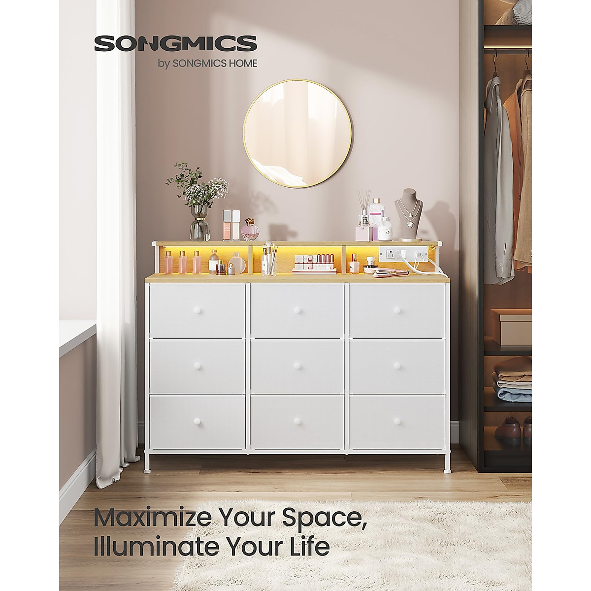 SONGMICS Dresser for Bedroom, Storage Organizer with 9 Fabric Drawers and LED Lights, Charging Station, Steel Frame, 13.2 x 44.9 x 33 Inches, Entryway, Cloud White ULTS519W01