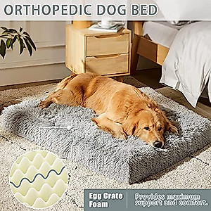 MIHIKK Orthopedic Dog Bed Luxurious Plush Washable Dog Beds with Removable Waterproof Cover Anti-Slip Egg Foam Pet Sleeping Mattress for Large, Jumbo, Medium Small Dogs, 24 x 16 Inch, Gray
