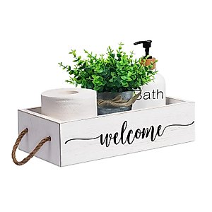 Msyueos Welcome Hello Sweet Cheeks Wooden Storage Box, Toilet Paper Basket, Rustic Bathroom Basket Toilet Basket Tank Topper Toilet Organizer, Home Decor for Livingroom or Kitchen ,White