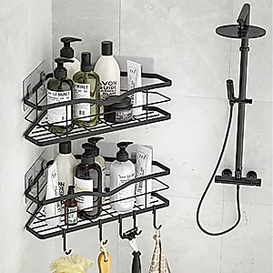 Corner Shower Caddy, MFTEK 2 Pack Shower Shelves Bathroom Shower Organizers Rack with Hooks, No Drilling Rustproof Adhesive Shower Shelf for Bathroom Storage, Black