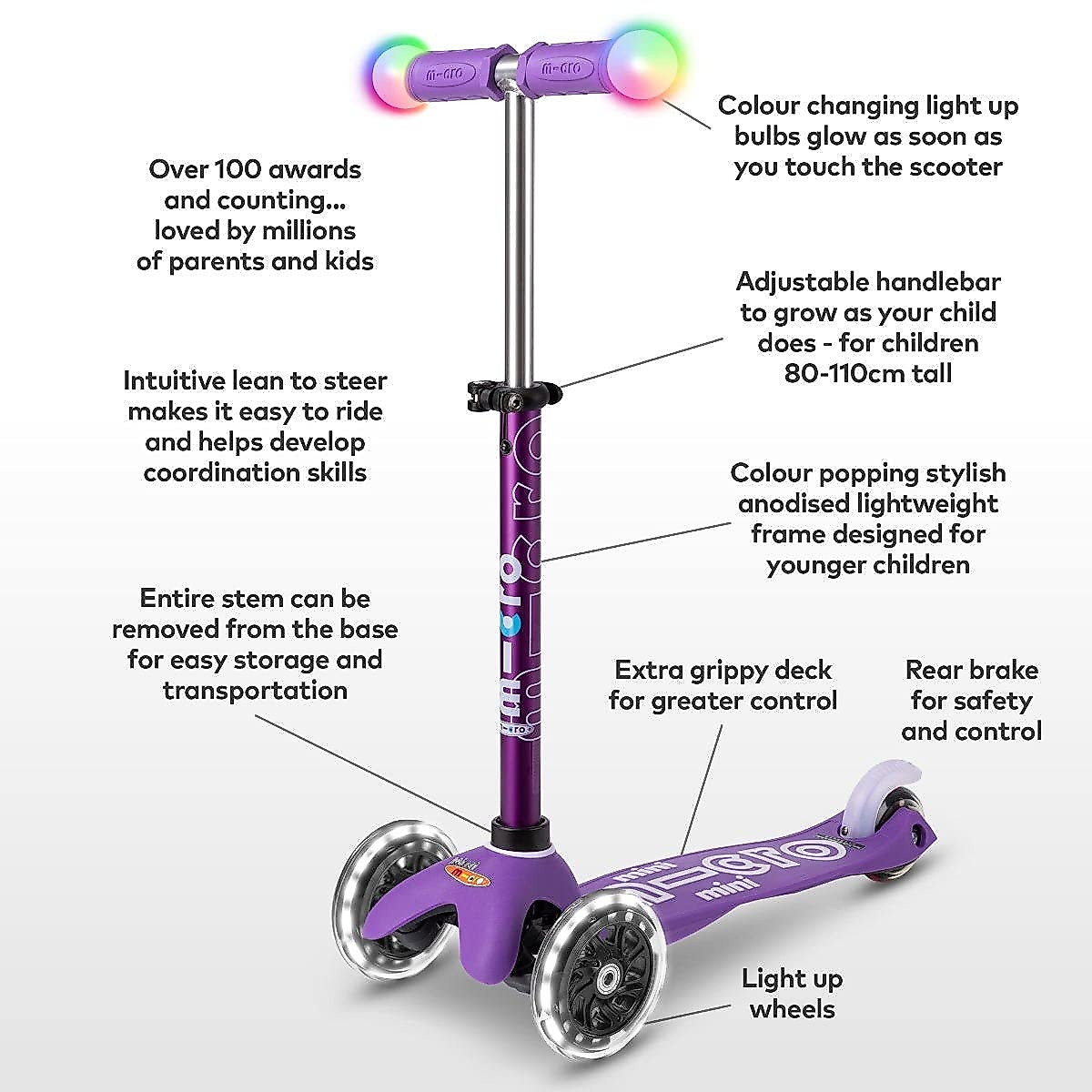 Micro Kickboard - Mini Deluxe Magic with Light-up Handlebars, and LED Light-up Wheels, 3-Wheeled, Lean-to-Steer, Swiss-Designed Micro Scooter for Kids, Ages 2-5 (Purple)