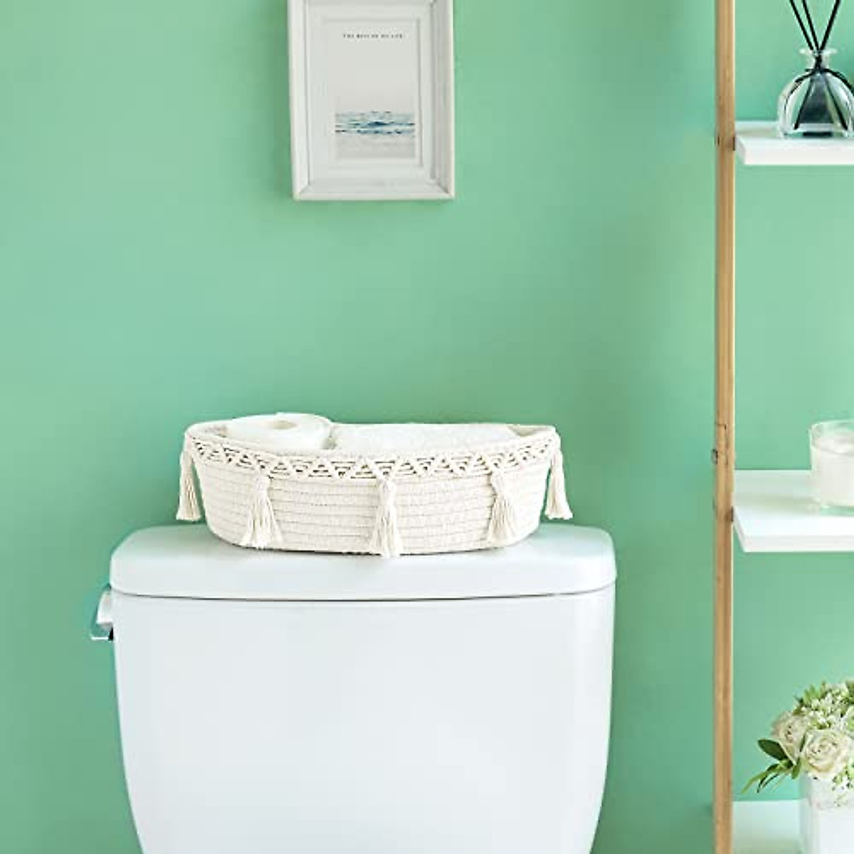 Mkono Small Macrame Storage Basket for Toilet Tank Top Boho Bathroom Decor Woven Cotton Rope Back of Toilet Organizer Tray for Counter Shelf Table Bedroom Living Room Nursery, Ivory, 1 Pack