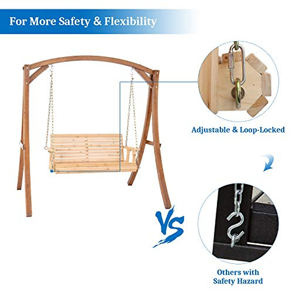 VINGLI Heavy Duty 880 LBS Patio Porch Swing Outdoor PU Painting, Hanging Chair with Adjustable Secure Chains, Finished Outdoor Bench Tree Swing for Yard | Garden | Lawn | Balcony (4 FT, Natural)