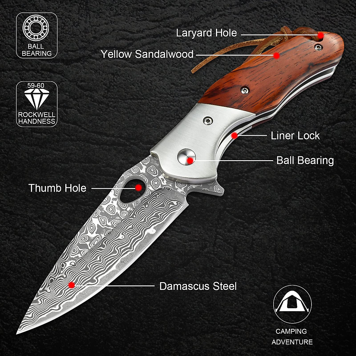 KOMWERO Damascus Pocket Knife for Men, VG10 Core Damascus Steel Folding Knife with Wood Handle, Ball Bearing, Thumb Hole, Liner Lock, Sheath for EDC Outdoor Survival Hunting