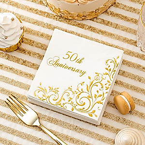 Crisky Gold Foil 50th Anniversary Cocktail Napkins for Golden Wedding Party Decoration, 3-Ply Disposable Beverage Dessert Napkins, 50 Counts