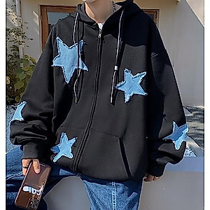Y2K Hoodie Zip Up Star Jackets Grunge Gothic Graphic Sweatshirt Acubi Emo Hooded Pullover Tops Harajuku Clothes (Black,L)