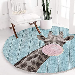 Round Fluffy Soft Area Rug 5' x 5', Giraffe Blowing Bubbles Blue Shaggy Plush Circle Carpet for Kids Teen's Room, Non-Slip No-Shedding Rug for Bedroom Living Room Nursery Room