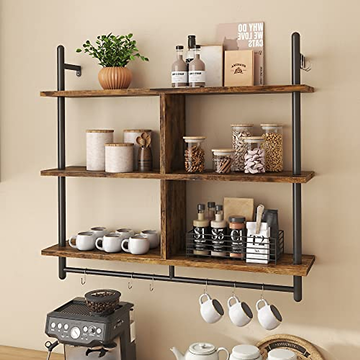 Bestier 41.5" Floating Pipe Shelving 3 Tier Industrial Wall-Mounted Ladder Shelf Hanging with Circular Tube, Wood Display Bookshelf Storage for Living Room Kitchen Balcony, Rustic Brown