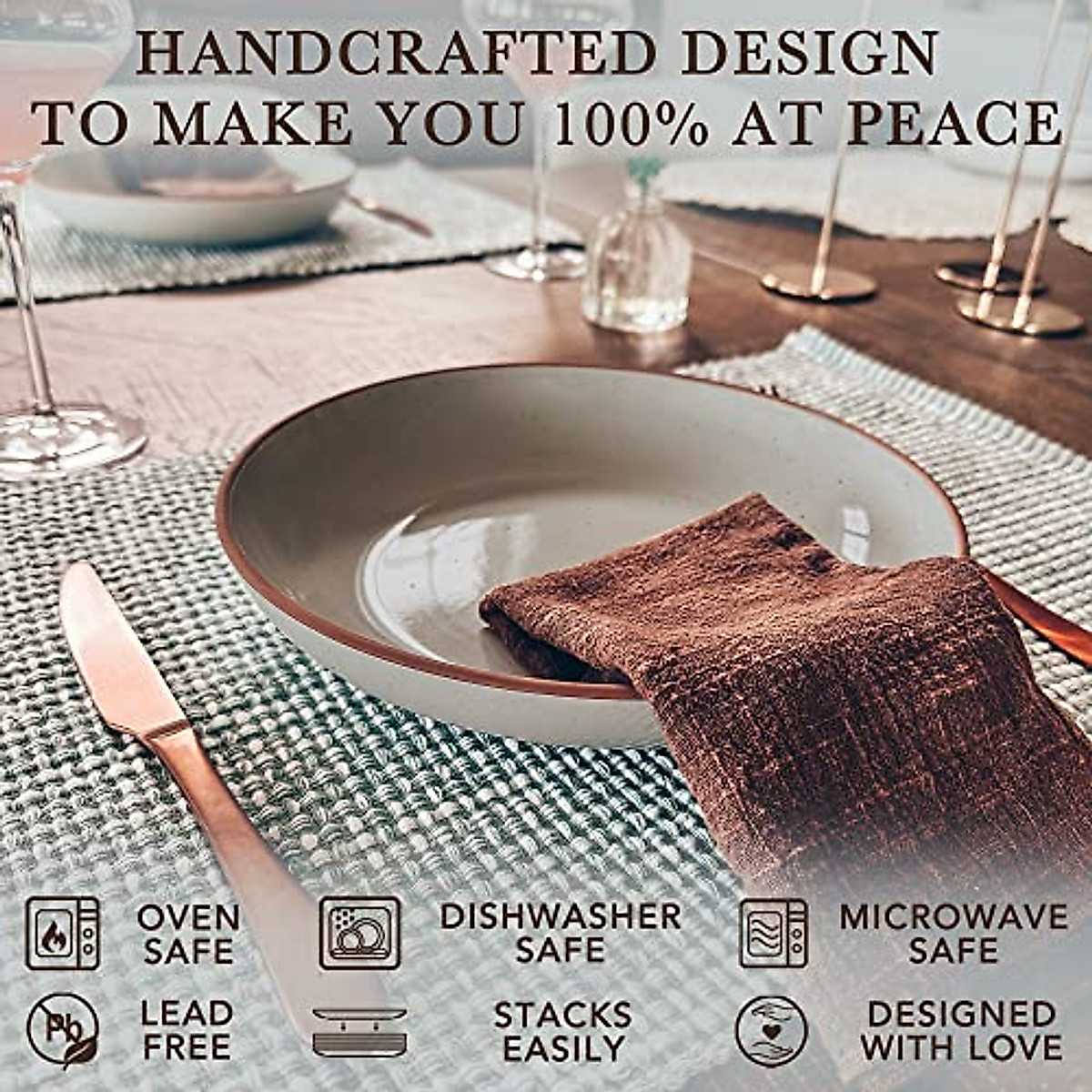 Mora Ceramic Large Pasta Bowls 30oz, Set of 4 - Serving, Salad, Dinner, etc Plate/Wide Bowl - Microwave, Oven, Dishwasher Safe Kitchen Dinnerware - Modern Porcelain Stoneware Dishes, Vanilla & Grey