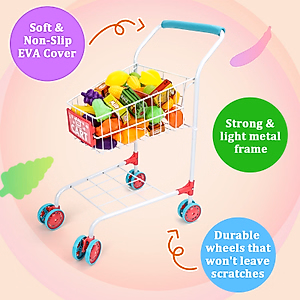 deAO Kids Shopping Cart Trolley with Sturdy Metal Frame for Toddlers 46 PCS Food Fruit Vegetables Pretend Play Food Role Play,Educational Toy Play Kitchen Toys for Boys Girls Kids